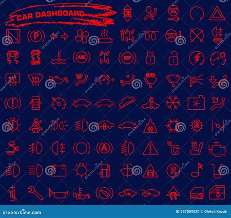 Vector Collection Of Car Dashboard Indicators In Red On A Blue