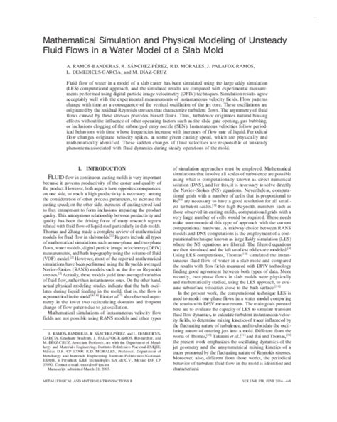 Pdf Mathematical Simulation And Physical Modeling Of Unsteady Fluid Flows In A Water Model Of