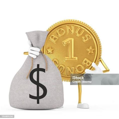 골든 로열티 프로그램 보너스 동전 사람 캐릭터 마스코트 묶여 소박한 캔버스 리넨 돈 자루 또는 달러 기호와 돈 가방 3d 렌더링