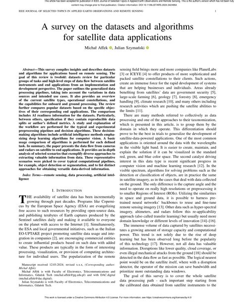 Pdf A Survey On The Datasets And Algorithms For Satellite Data Applications