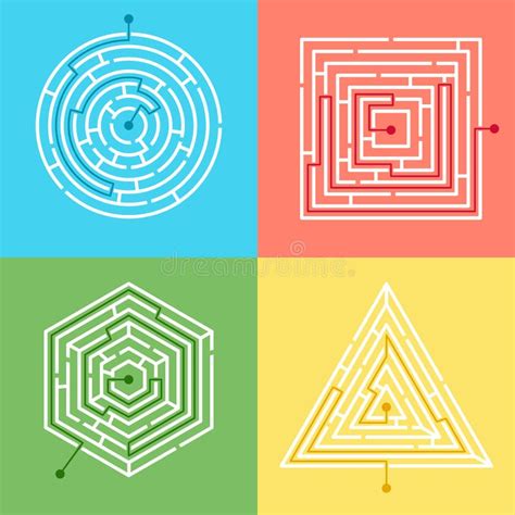 Four Various Mazes Simple Logic Game With Labyrinths Way Stock Vector