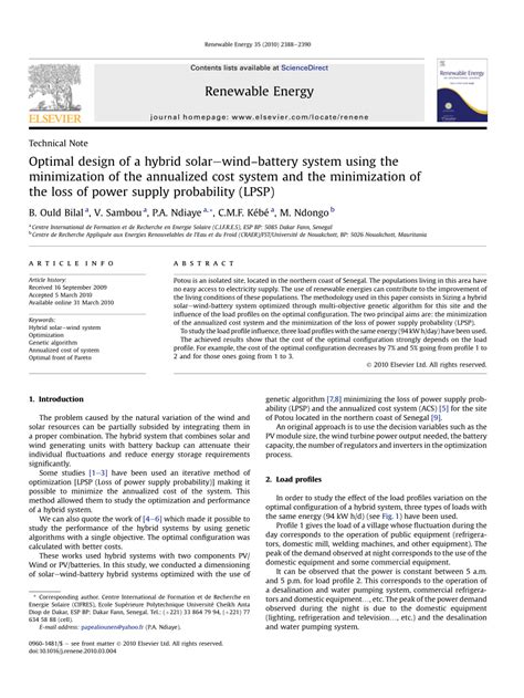 Pdf Optimal Design Of A Hybrid Solar Wind Battery System Using The Minimization Of The