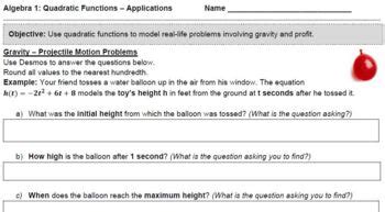 Applications Of Quadratic Functions Notes Guided Practice By Starmath