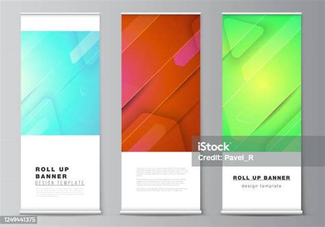롤업 배너 스탠드 수직 전단지 플래그 디자인 비즈니스 템플릿의 벡터 그림 레이아웃 미래 지향적 인 기술 디자인 유체 그라데이션 모양 구성 다채로운 배경 웹 배너에 대한 스톡