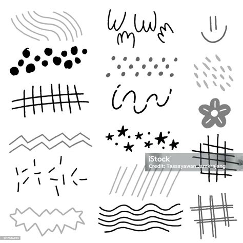 추상 블랙 화이트 라인 양식 낙서 손 그리기 펜 페인트 마커 브러시 잉크 낙서 메쉬 Polkadot 꽃 스마일 스타 텍스처 패턴 컬렉션 세트 벡터 일러스트 레이 션 곡선에