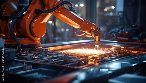 An Orange Robotic Arm Operates In A Futuristic Factory Welding Sparks Flying As It Assembles