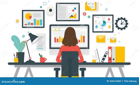Woman Working At A Computer Desk With Multiple Monitors Displaying