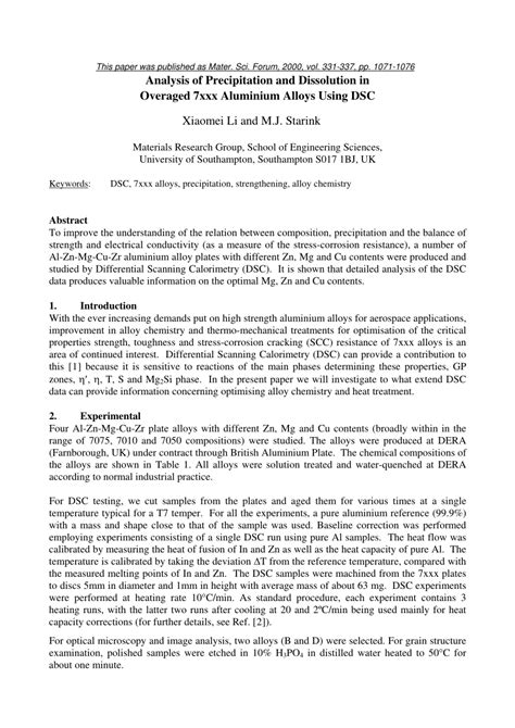 Pdf Analysis Of Precipitation And Dissolution In Overaged 7xxx