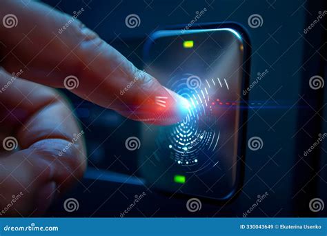Finger Pressing Biometric Fingerprint Scanner In Action Stock Illustration Illustration Of