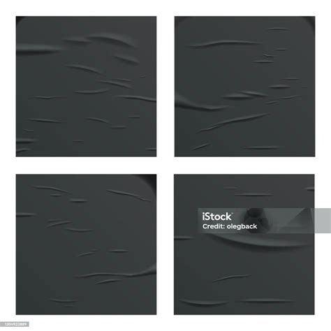 흰색 배경에 격리 된 검은 색 사각형 종이 시트를 접착 벡터 사실적으로 구겨진 포스터 번들 젖은 기름을 바른 주름 빈 템플릿