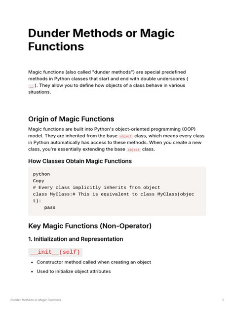 Dunder Methods Or Magic Functions Pdf Class Computer Programming