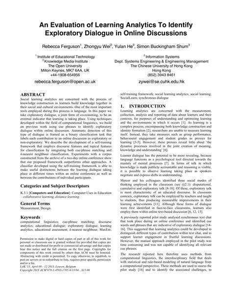 Pdf An Evaluation Of Learning Analytics To Identify Exploratory Dialogue In Online Discussions