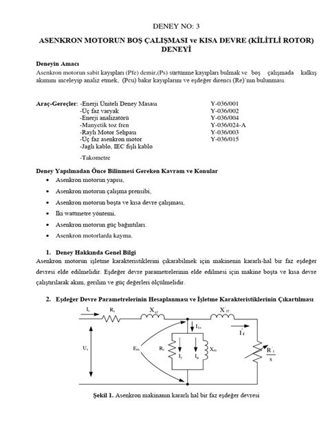 Asenkron Motorun Bos Calismasi Ve Kisa Devre Kilitli Rotor Deneyi 28092022 Pdf