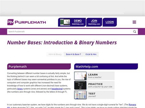 purplemath number bases introduction and binary numbers handout for 9th
