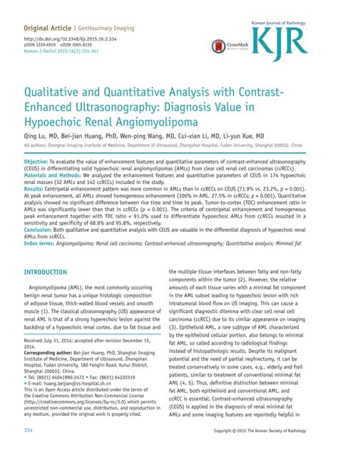 Pdf Qualitative And Quantitative Analysis With Contrast Enhanced Ultrasonography Diagnosis
