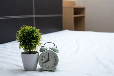 빈티지 알람 시계와 침실에서 집에서 침대에 흰색 꽃병에 작은 장식 나무 일어나 거 나 침대 시간 개념 0명에 대한 스톡 사진 및 기타 이미지 Istock