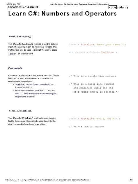 Learn C Learn C Numbers And Operators Cheatsheet Codecademy Pdf
