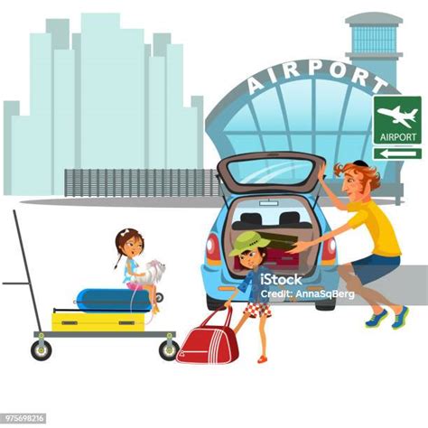 가족 남자 여자 자동차와 함께 공항에 전송 합니다 트롤리 도시 거리 자동 비행기 비행 벡터 일러스트 레이 션에 의해 여행 준비가 근처에 가방을 들고 아이 들과 아빠 가방에