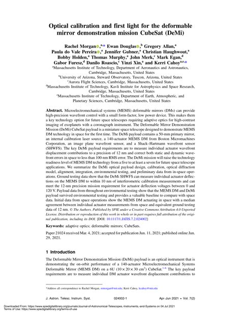 Pdf Optical Calibration And First Light For The Deformable Mirror Demonstration Mission