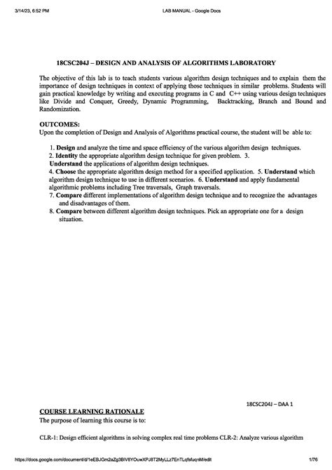 LAB Manual DAA Design And Analysis Of Algorithms Studocu