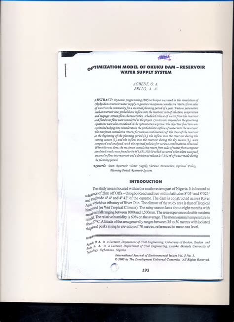 PDF Optimization Model Of Okuku Dam Reservoir Water Supply System