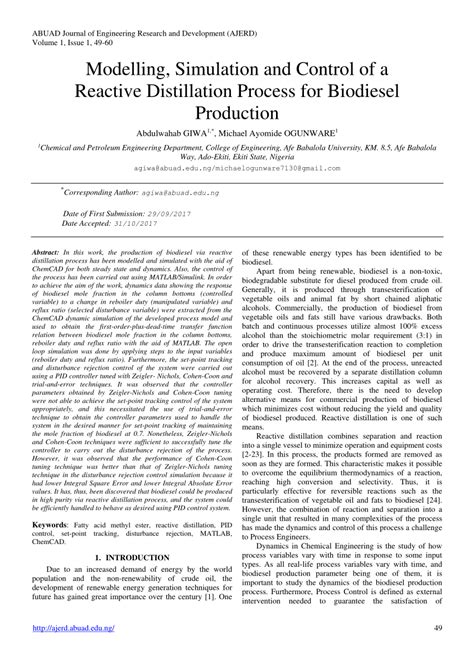 Pdf Modelling Simulation And Control Of A Reactive Distillation Process For Biodiesel Production