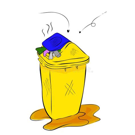 Simple Vector Hand Draw Sketch Dirty Yellow And Blue Bin Filled With Waste At White Background