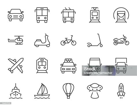 전송 선 아이콘입니다 자동차 버스 기차 자전거 트럭 오토바이 화물 선적 트럭 및 기타 차량으로 얇은 윤곽 아이콘과 최소한의 벡터 그림 편집 가능한 스트로크 선 아이콘에 대한