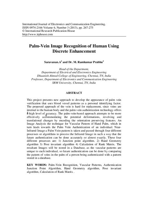 pdf palm vein image recognition of human using discrete enhancement