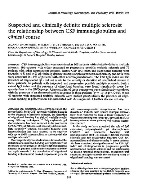 Pdf Suspected And Clinically Definite Multiple Sclerosis The Relationship Between Csf