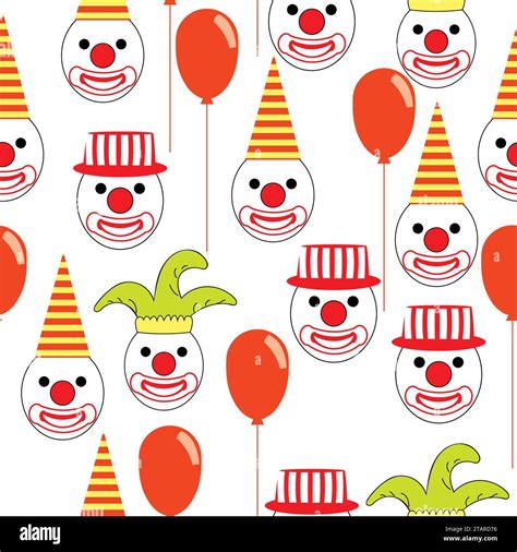 Seamless Pattern With Round Clown Faces With Hats And Baloons Funny