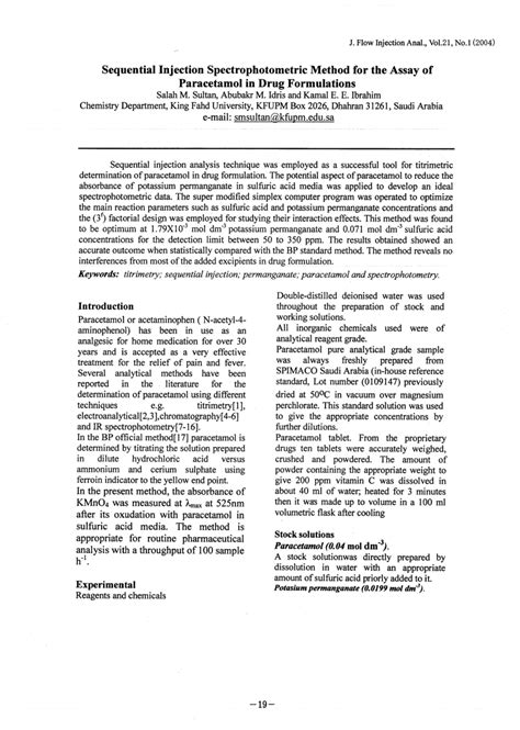 Pdf Sequential Injection Spectrophotometric Method For The Assay Of