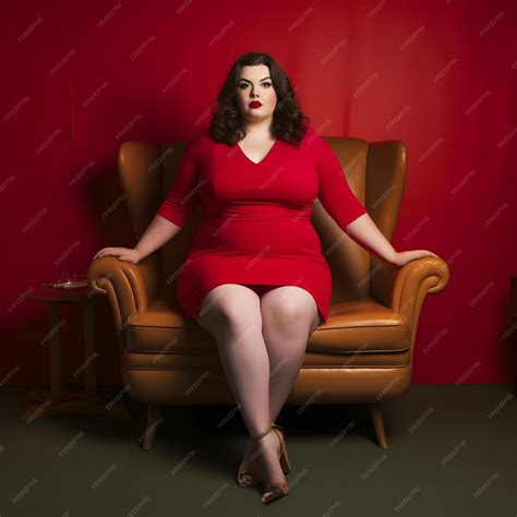 Premium Ai Image Plus Size Beautiful Woman Model In Red Dress Seated