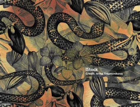 열대 꽃 목련 오렌지 꽃 바닐라 런 열대 잎 바나나 잎 뱀과 원활한 수채화 패턴 뱀에 대한 스톡 벡터 아트 및 기타 이미지