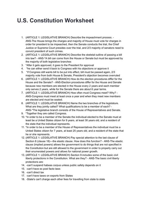 U S Constitution Worksheet Questions With Correct Answers 2025 2026