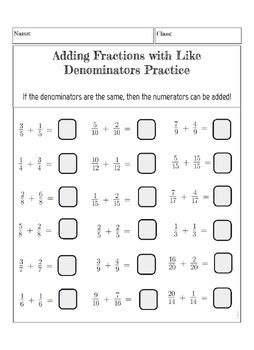 Adding Fractions With Like Denominators Practice Warm Up Cool Down Drill