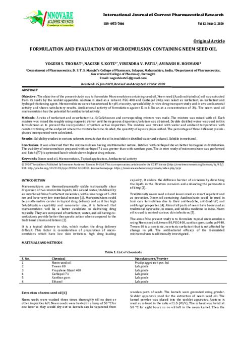 Pdf Formulation And Evaluation Of Microemulsion Containing Neem Seed Oil