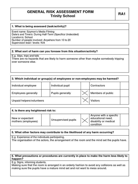 Ra1 General Risk Assessment Form 2015 Risk Assessment Risk