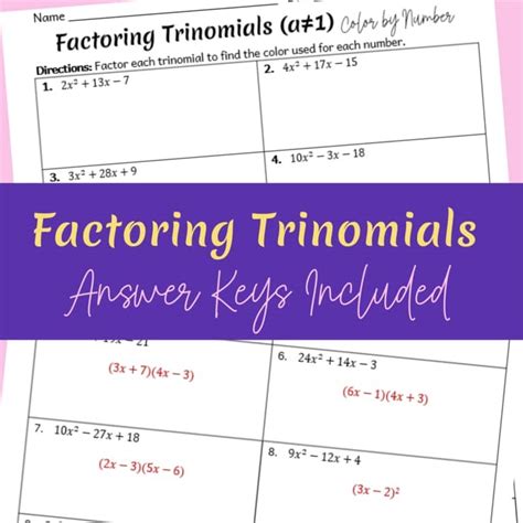 Factoring Trinomials When Leading Coefficient A≠1 Color By Number Pdf