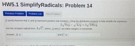 Solved Hw51 ﻿simplifyradicals Problem 141 ﻿point ﻿assume