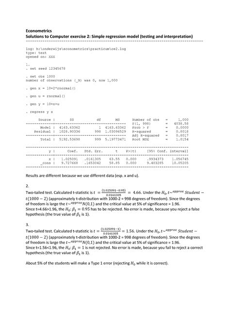 Uitwerkingen Computer Practicum W2 Econometrics Solutions To Computer Exercise 2 Simple