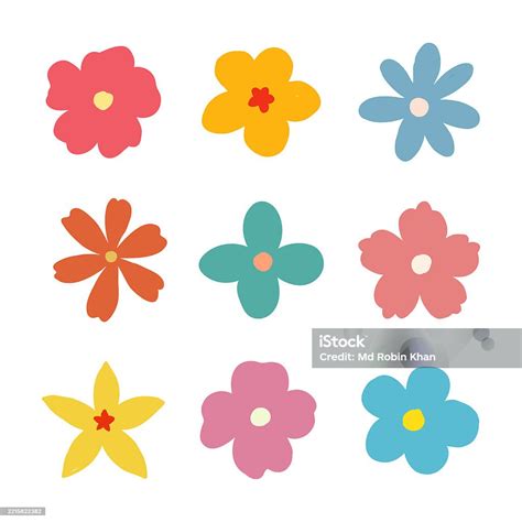 다양한 모양의 귀여운 둥근 꽃 머리를 특징으로 하는 벡터 형식의 다채로운 꽃 요소 모음입니다 손으로 그린 간단한 식물 봄 꽃 예술 추상적인 유기적 꽃잎 꽃무늬 디자인 0명에