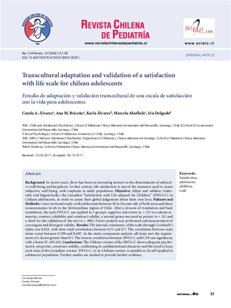 Pdf Transcultural Adaptation And Validation Of A Satisfaction With Life Scale For Chilean