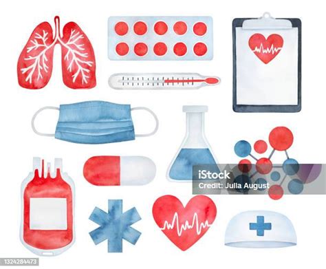 의료 용 면 마스크 온도계 인간의 폐 물집 팩 제약 정제 생명 엠블럼의 별 혈액 용기 다양한 의료 기호의 수채화 그림 세트 빨간색과 파란색 수채화에 대한 스톡 벡터 아트 및