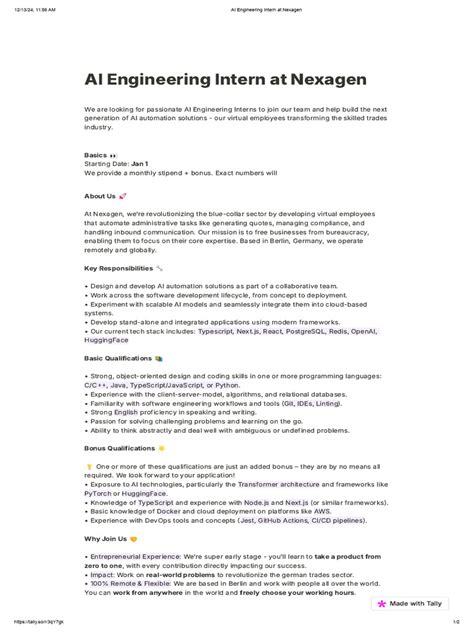 Ai Engineering Intern Opportunity At Nexagen Pdf Artificial