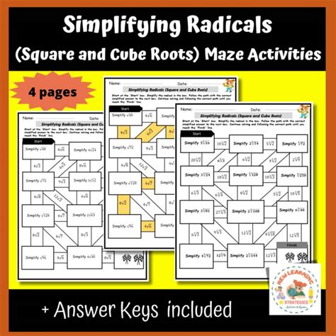 Simplifying Radicals Square And Cube Roots Maze Activitiesworksheets