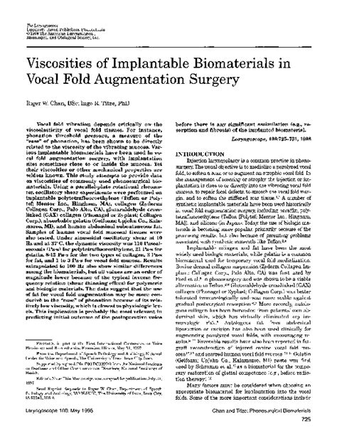 Pdf Viscosities Of Implantable Biomaterials In Vocal Fold Augmentation Surgery