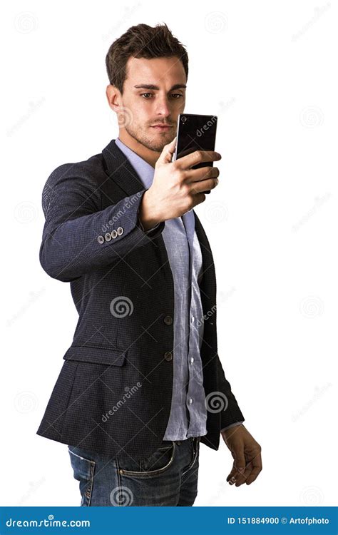 Gut Aussehender Mann Der Selfie Foto Am Handy Macht Stockfoto Bild