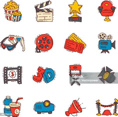 영화 창조 자 손으로 그려진된 스케치 스타일 아이콘 초연 시네마 영화 엔터테인먼트 미디어 스튜디오 벡터 일러스트 레이 션 제작 Film Screening에 대한 스톡 벡터
