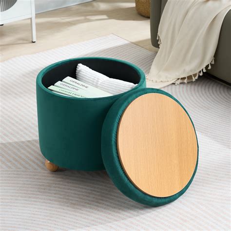 Round Velvet Storage Ottoman With Reversible Tray Lid Tufted